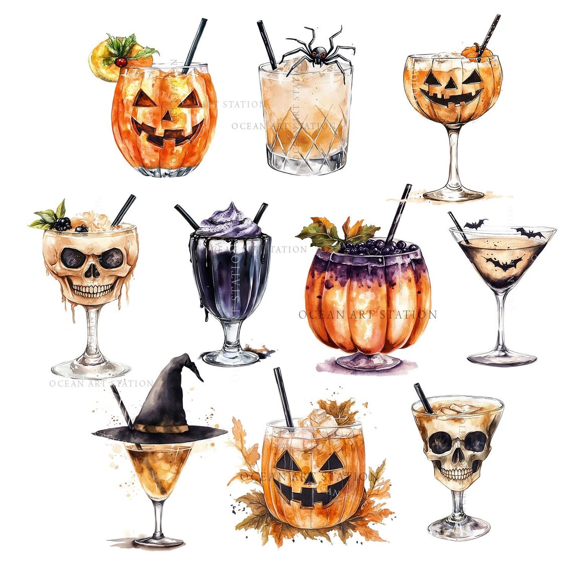 Halloween Cocktails Clipart Watercolor, Halloween Drinks Clipart ...