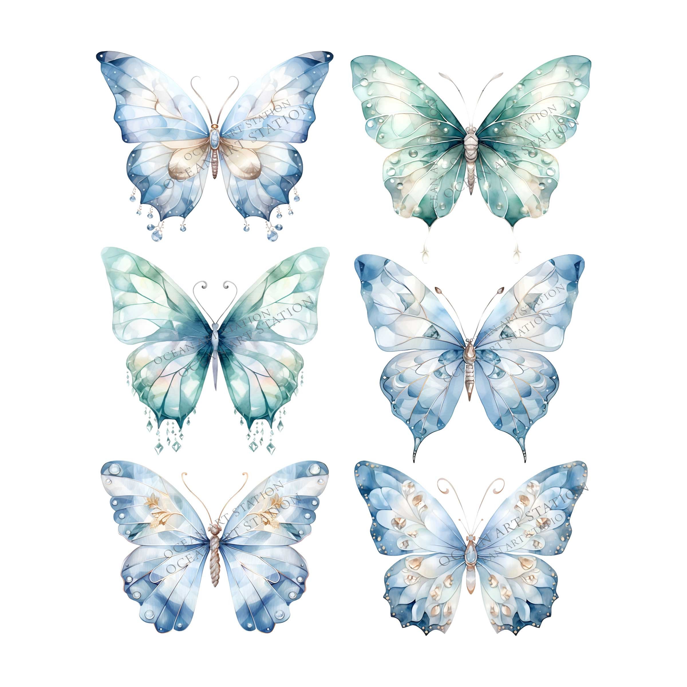 Pastel Butterfly Clipart Watercolor, Green Blue Butterflies Png, Green ...