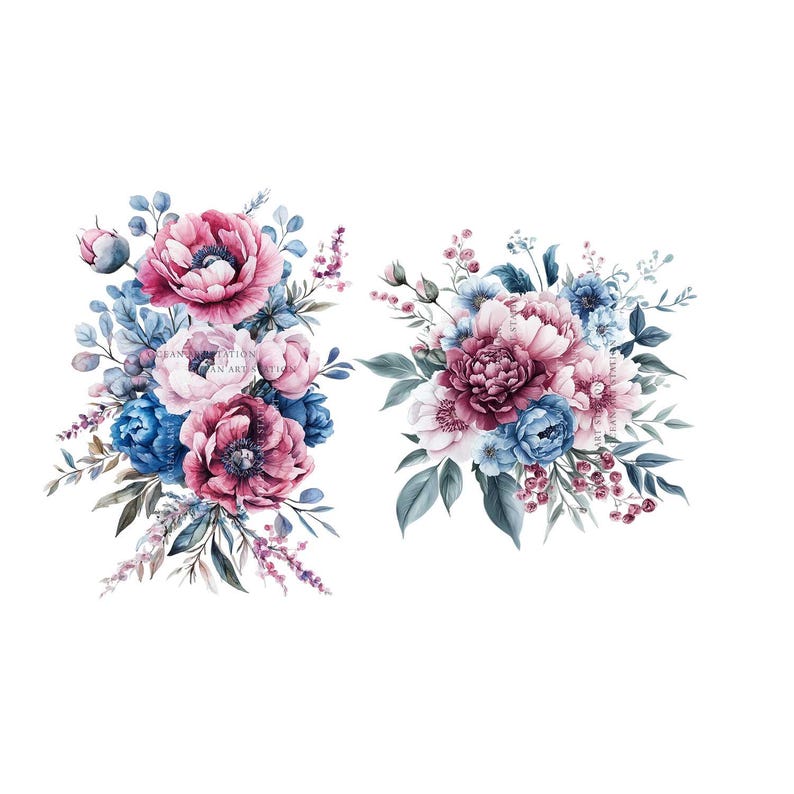 Boho Floral Clipart, Blue Blush Pink Bouquets, Dusty Pink Wedding ...