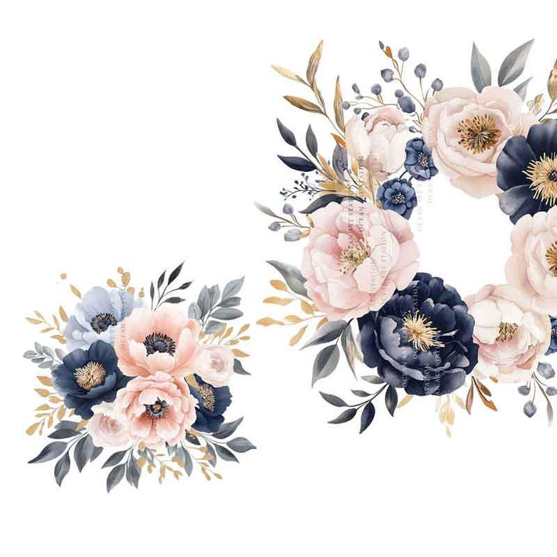 Navy Pink Floral Clipart, Navy Blush Pink Bouquets, Navy Blue and Pink ...