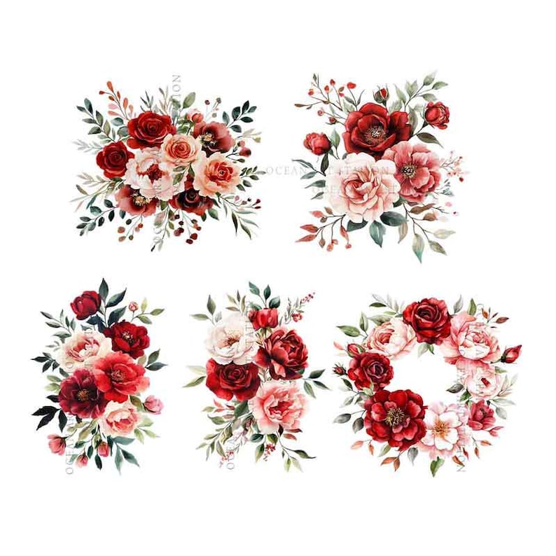 Red Floral Clipart, Red and Pink Bouquets, Boho Red Wedding Clipart ...