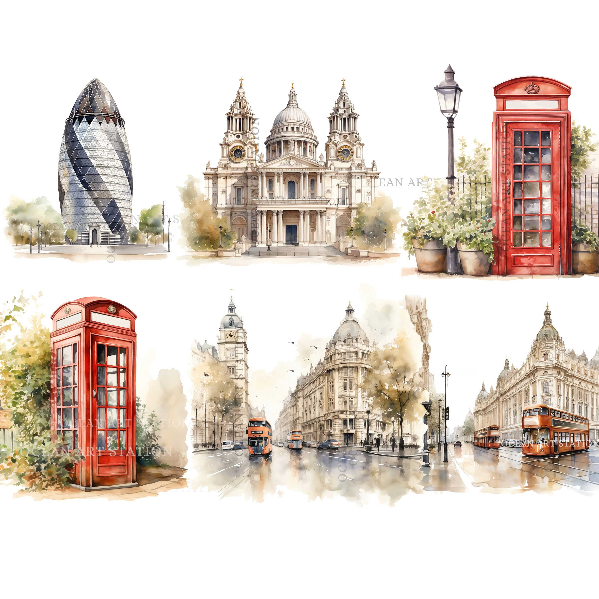 London Clipart, Big Ben Tower Bridge, London Watercolor Illustration ...
