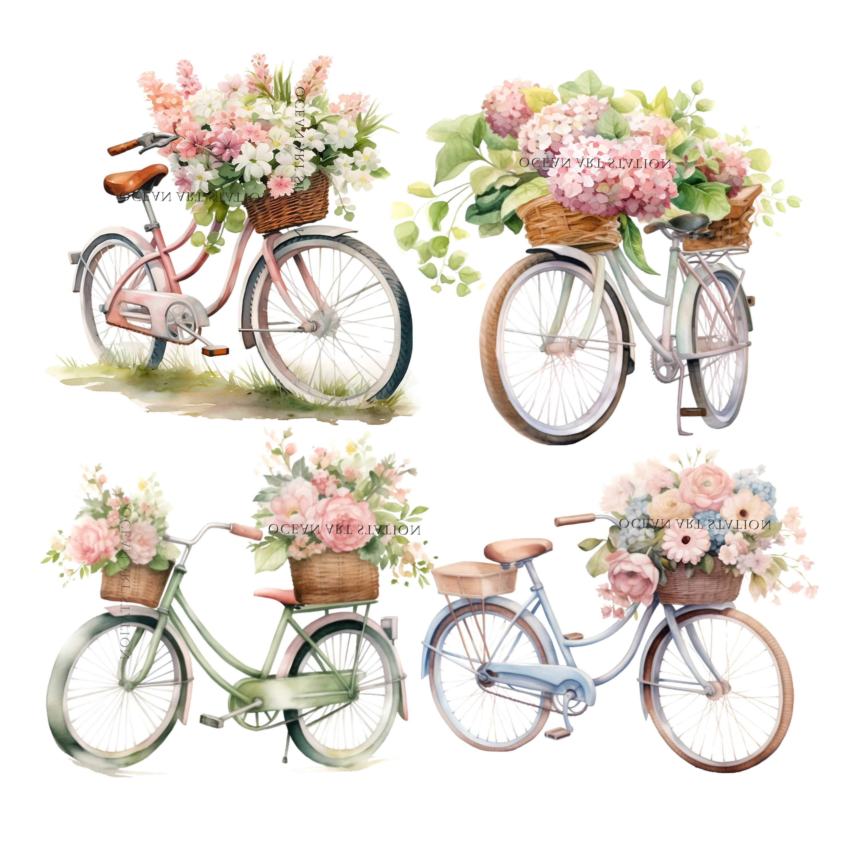 Bike With Flowers Clipart, Bycicle Clipart Watercolor, Bycicle Graphics ...