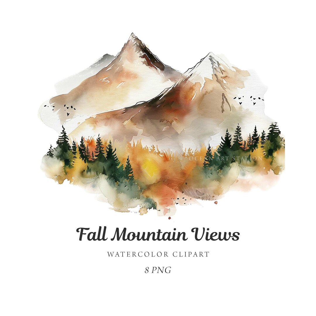 Fall Scenery Clipart, Fall Mountains Clipart Watercolor, Fall Landscape ...