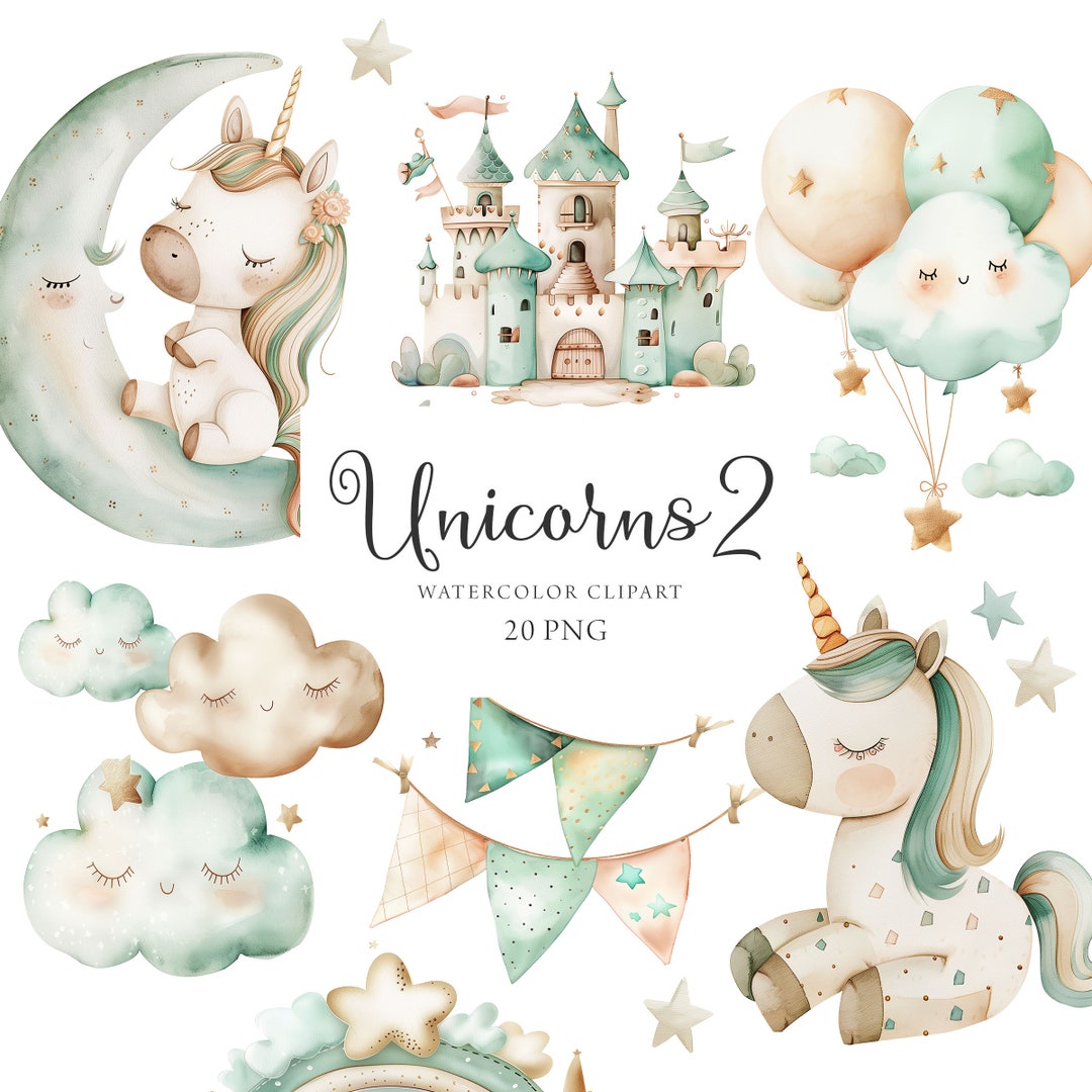 Unicorn Clipart, Pastel Unicorns Watercolor, Boho Neutral Unicorns ...
