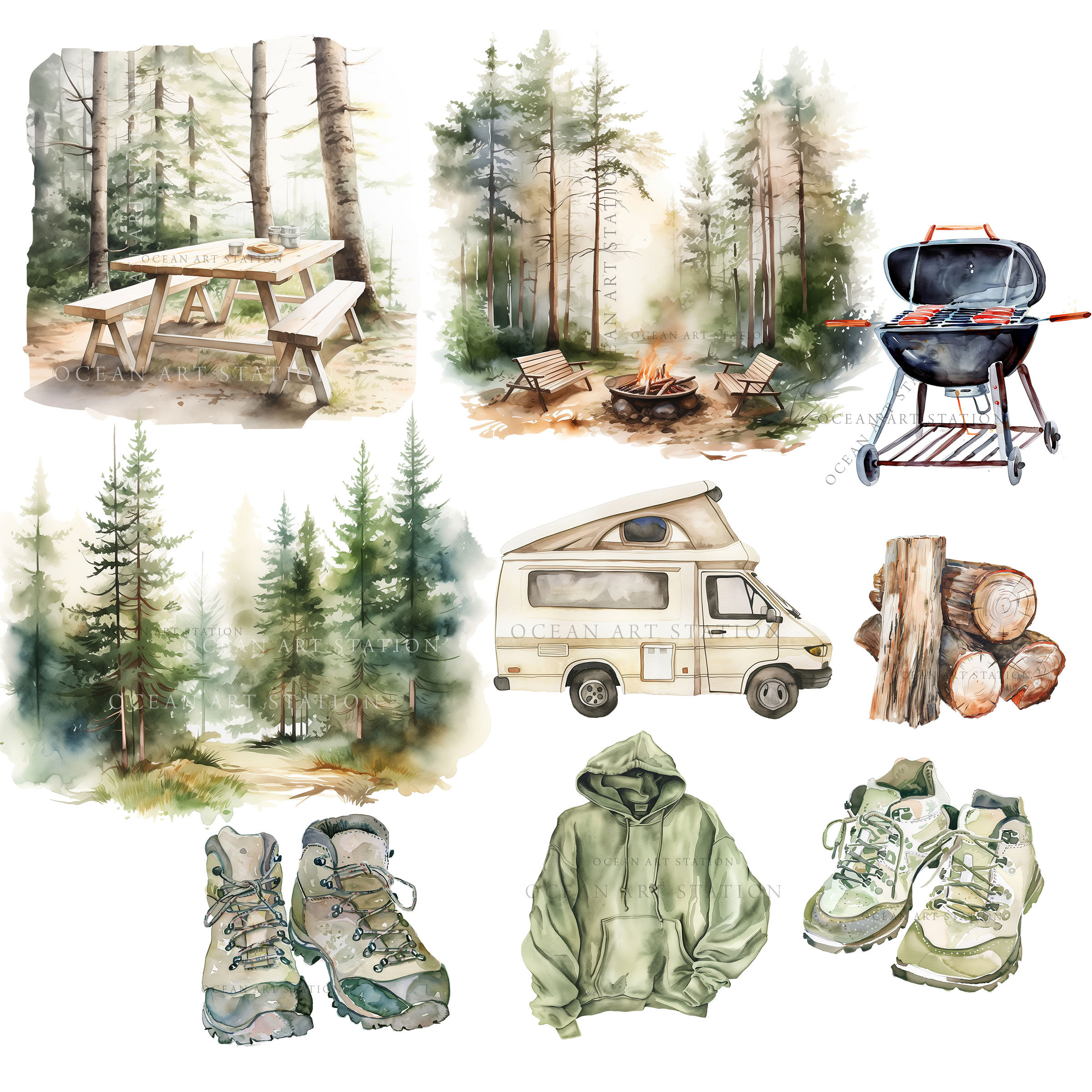 Camping Clipart, Hiking Clipart Watercolor, Mountain Adventure Clipart ...