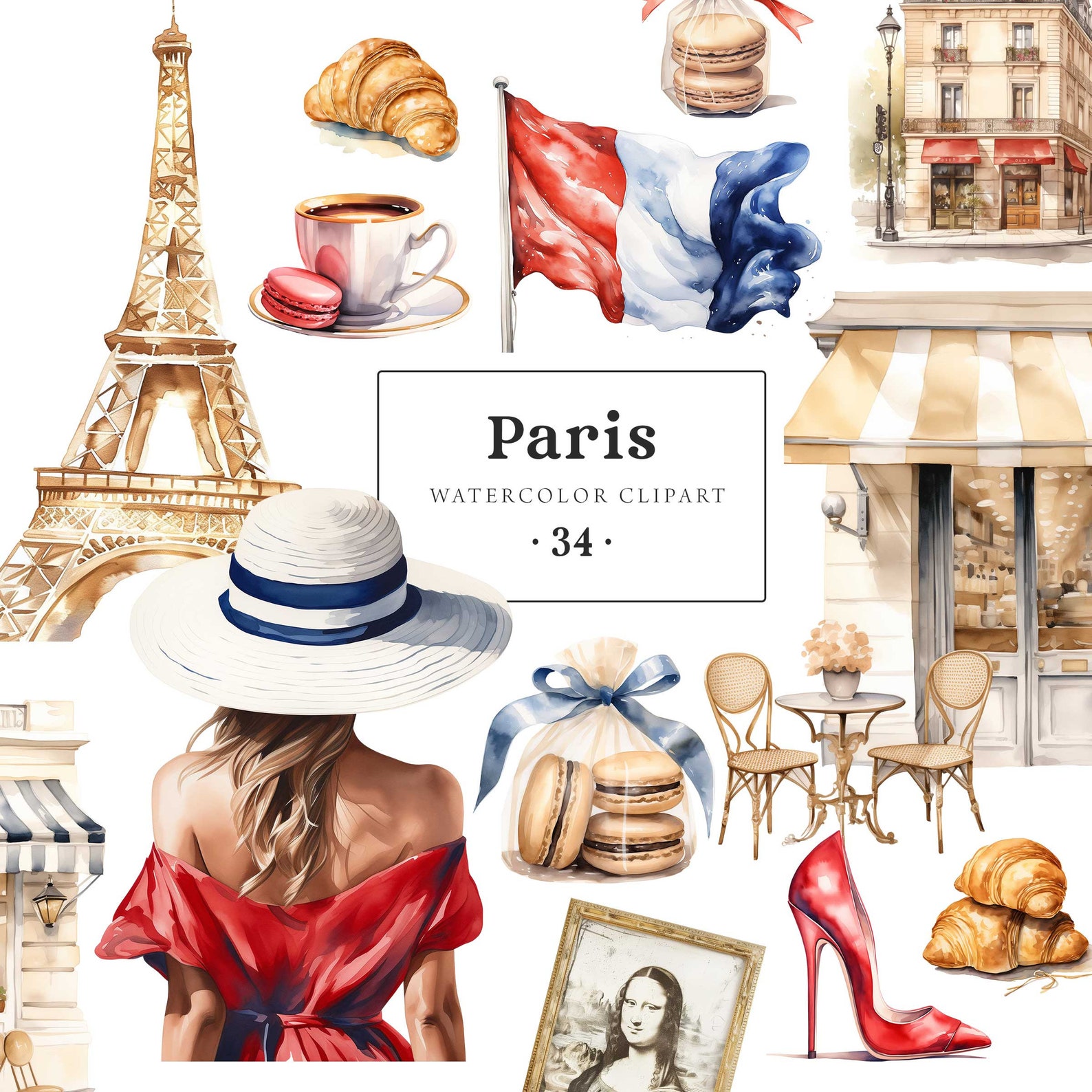 Paris Clipart Watercolor, French Girl Clipart, Eiffel Tower, France ...