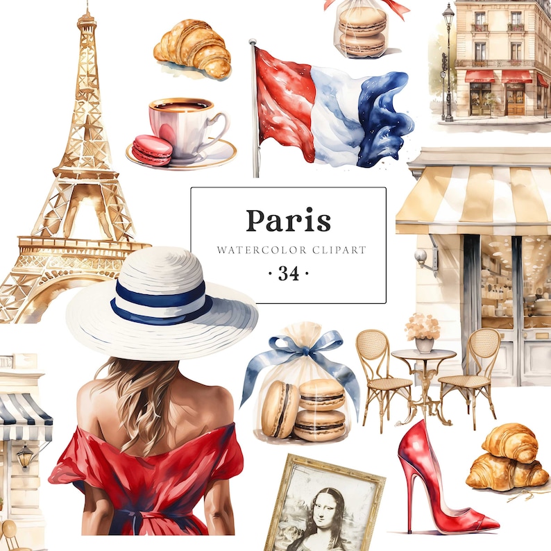 Paris Clipart Watercolor, French Girl Clipart, Eiffel Tower, France ...