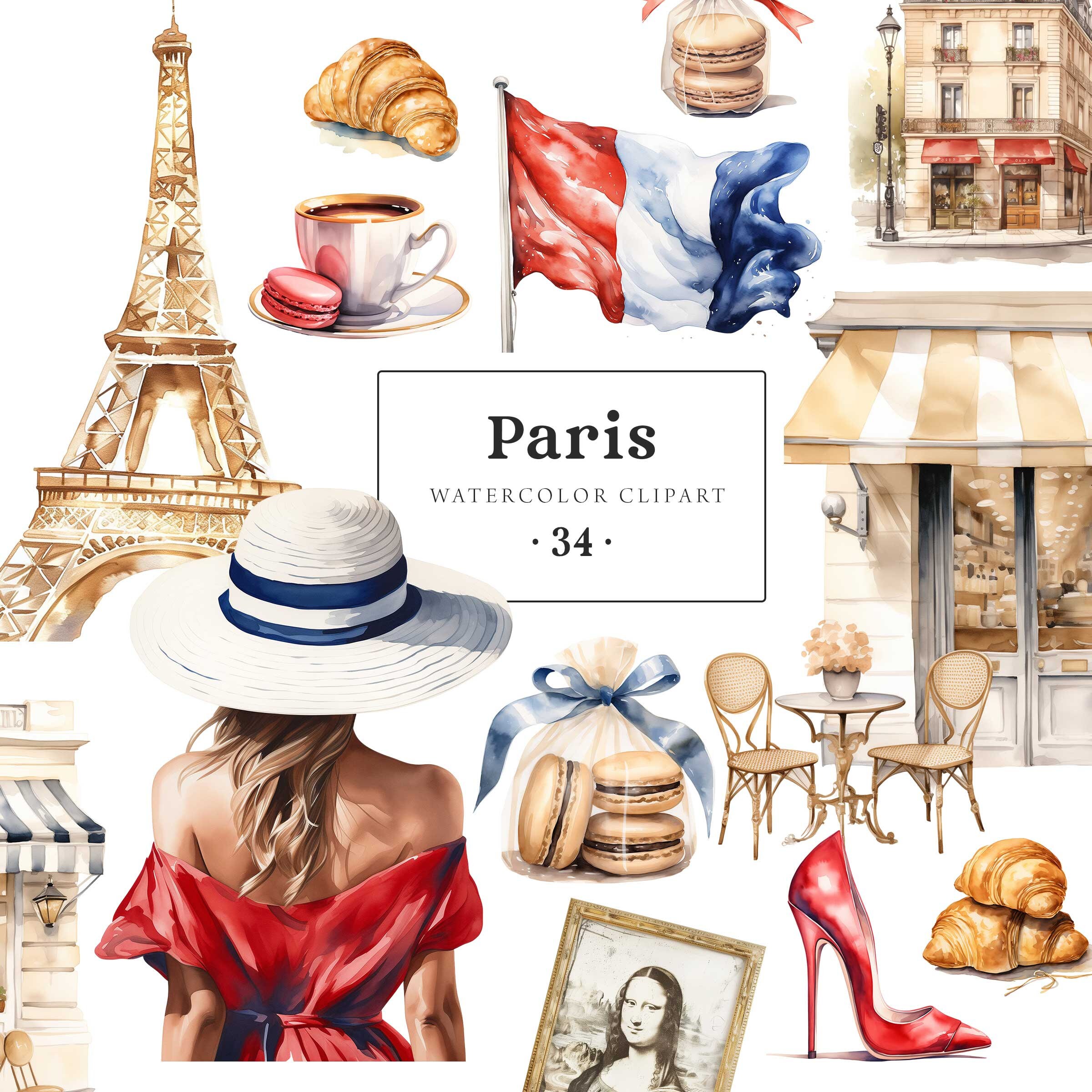Paris Clipart Watercolor, French Girl Clipart, Eiffel Tower, France ...