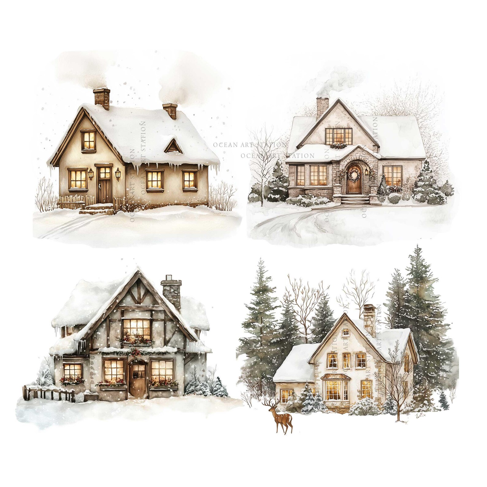 Winter Houses Clipart, Snowy Winter Homes, Cozy Home Clipart, Christmas ...