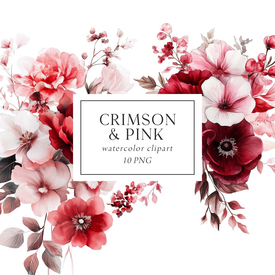 Red Floral Clipart, Red and Pink Bouquets, Crimson Red Wedding Clipart ...