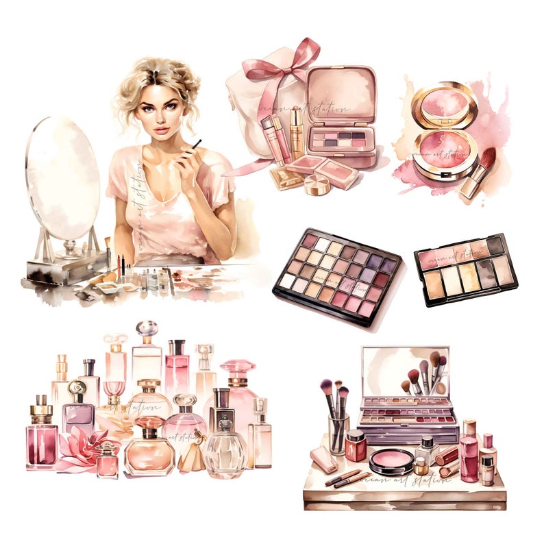 Make up Clipart Watercolor, Pink Cosmetics Clipart, Commercial Use ...
