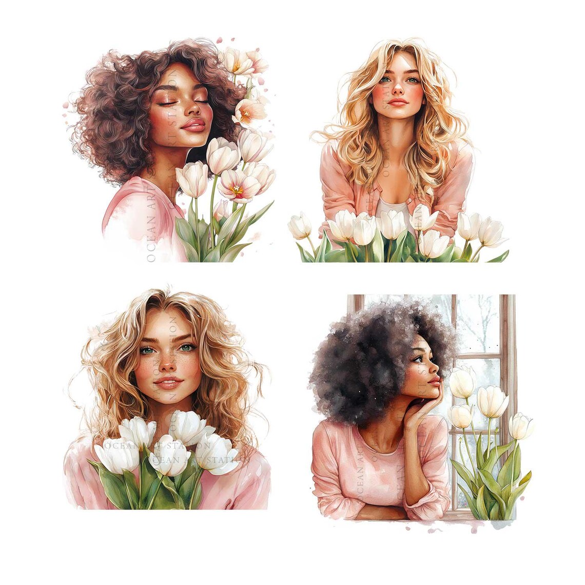 Spring Girl Clipart, Tulips Clipart, Girl With Flowers, Spring Bouquets ...