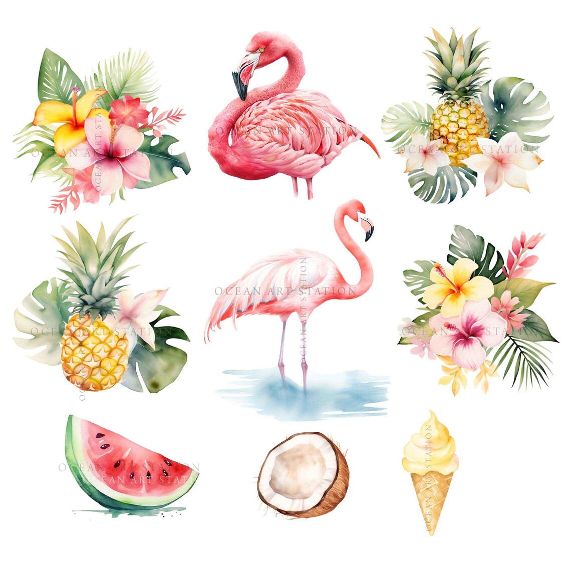 Tropical Floral Clipart, Tropical Bouquets Clipart, Flamingo Clipart ...
