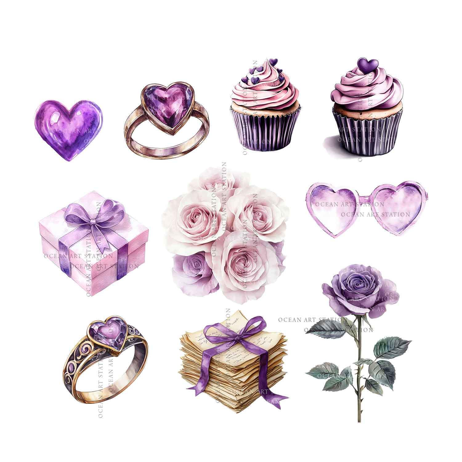 Valentines Clipart, Purple Valentines Day Clipart Watercolor ...