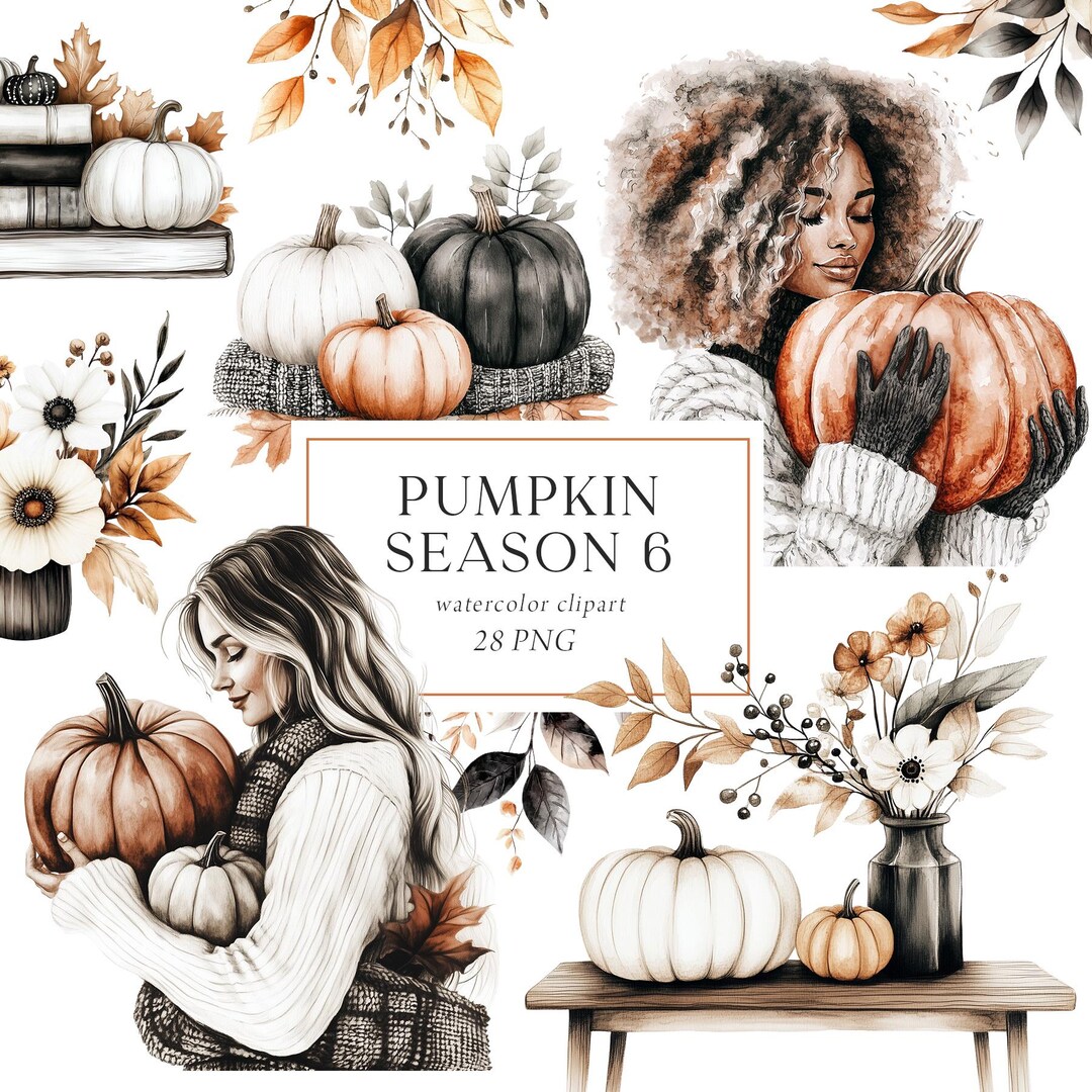 Boho Fall Clipart, Pumpkins Clipart, Cozy Fall Watercolor, Fall Fashion ...