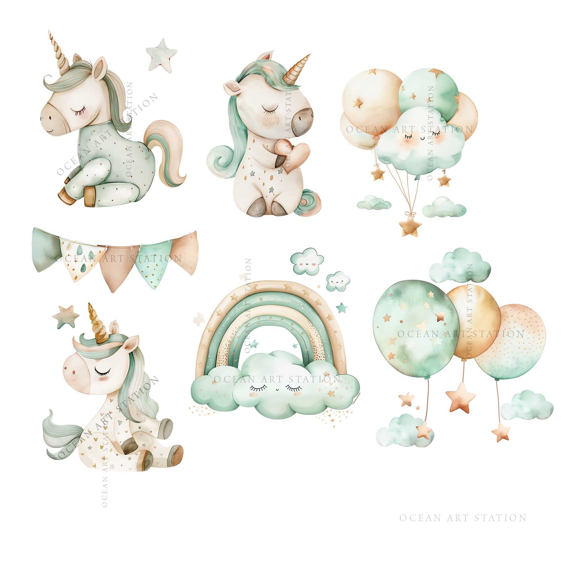 Unicorn Clipart, Pastel Unicorns Watercolor, Boho Neutral Unicorns ...