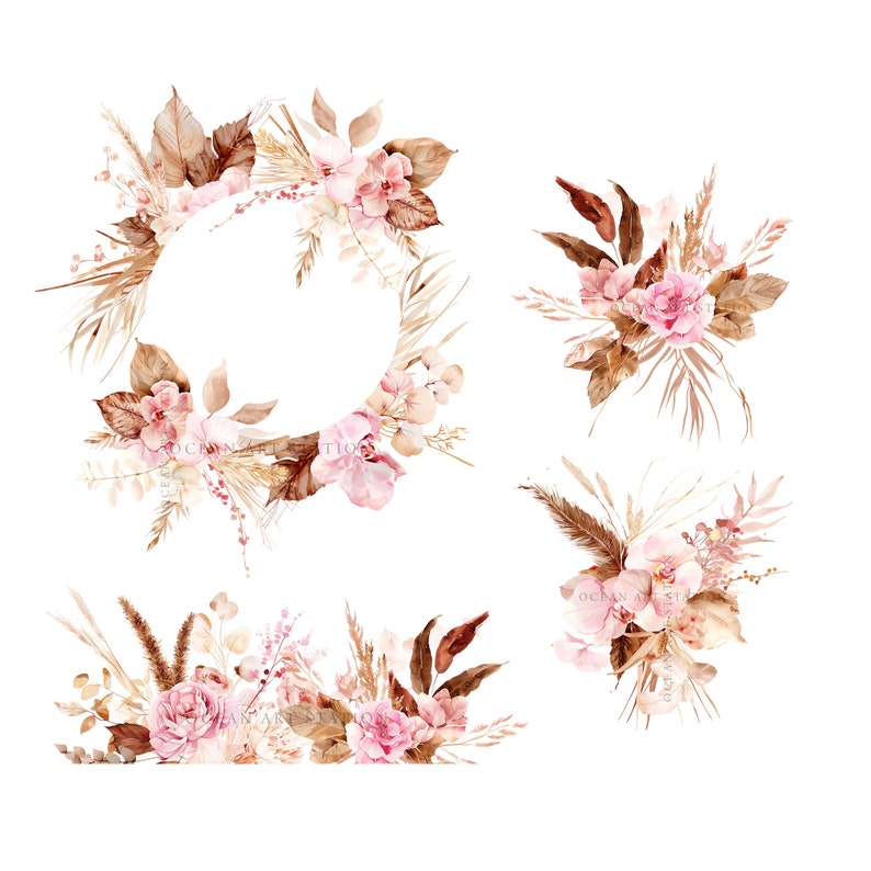 Boho Floral Clipart, Bohemian Flowers Clipart, Boho Pink Bouquets ...