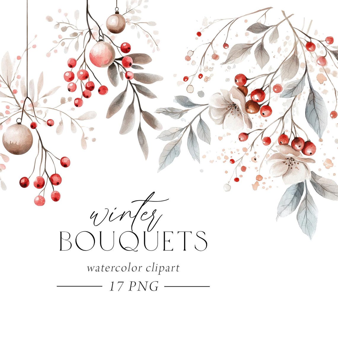 Winter Floral Clipart, Christmas Flowers, Christmas Bouquets, Elegant ...