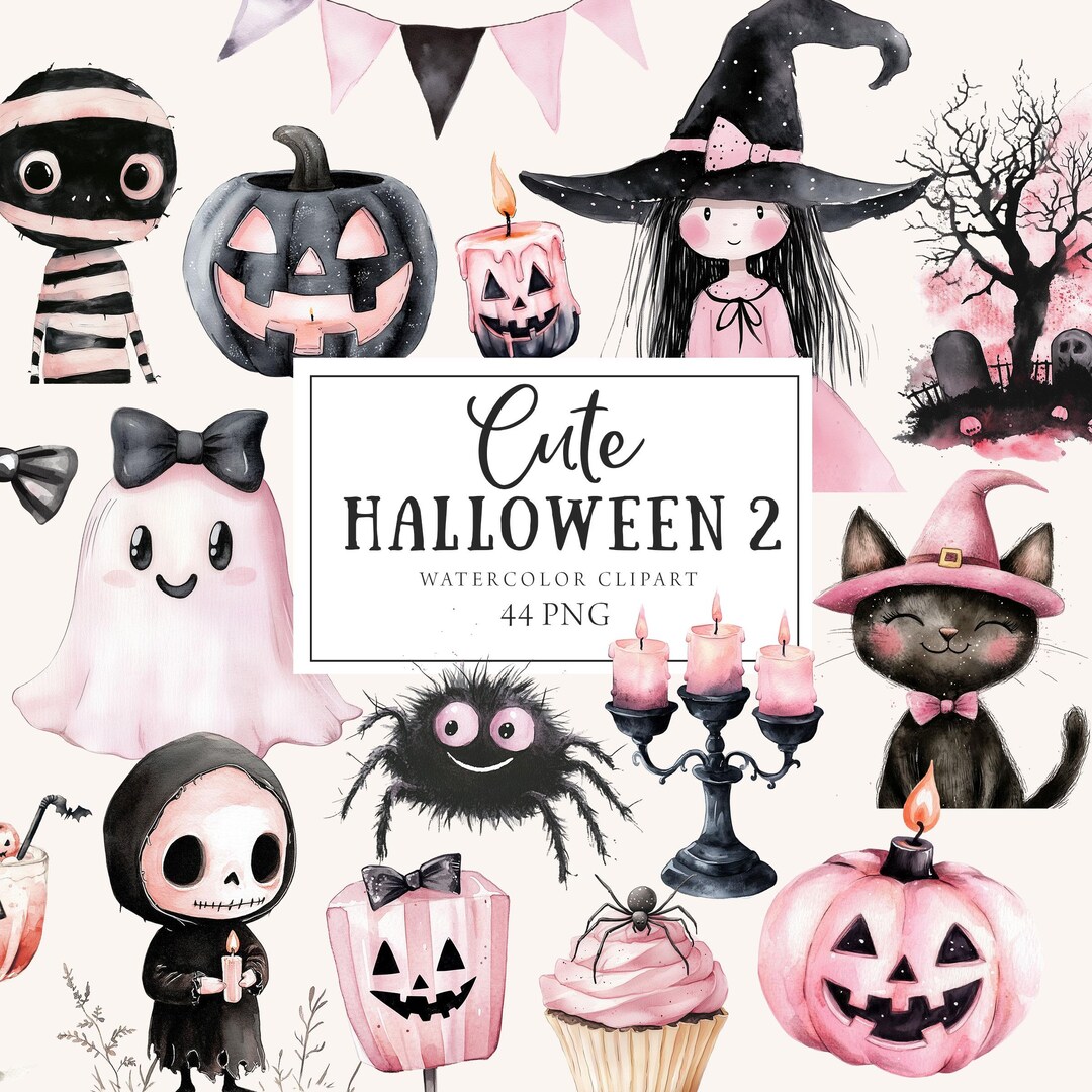 Pink Halloween Clipart Watercolor, Cute Halloween Clipart, Cute Ghosts ...