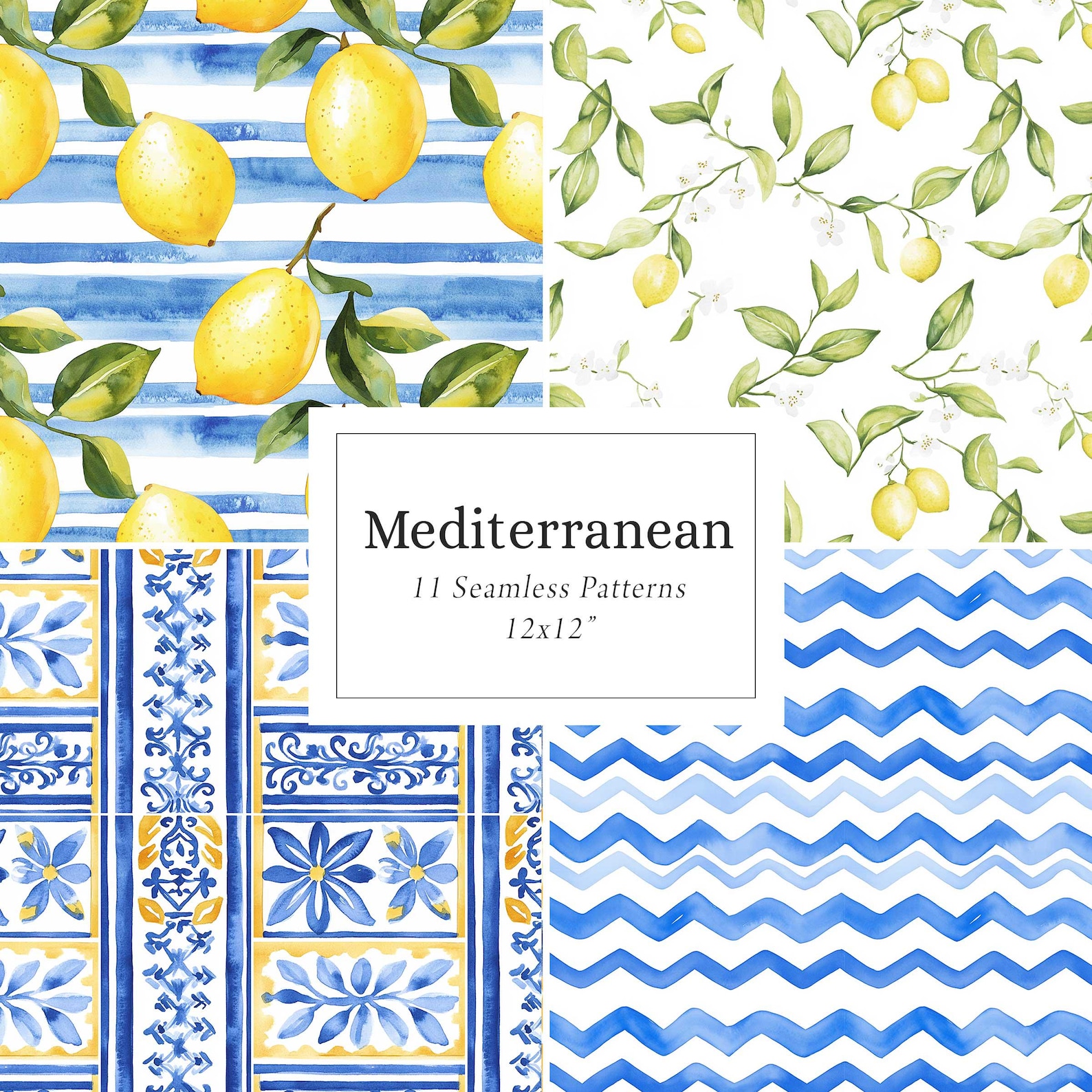 Mediterranean Digital Papers, Mediterranean Seamless Patterns, Lemon ...