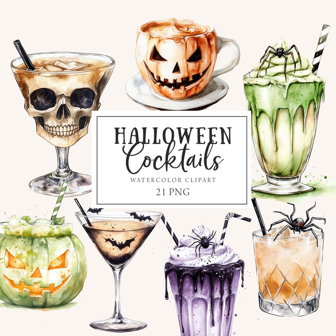 Halloween Cocktails Clipart Watercolor, Halloween Drinks Clipart ...