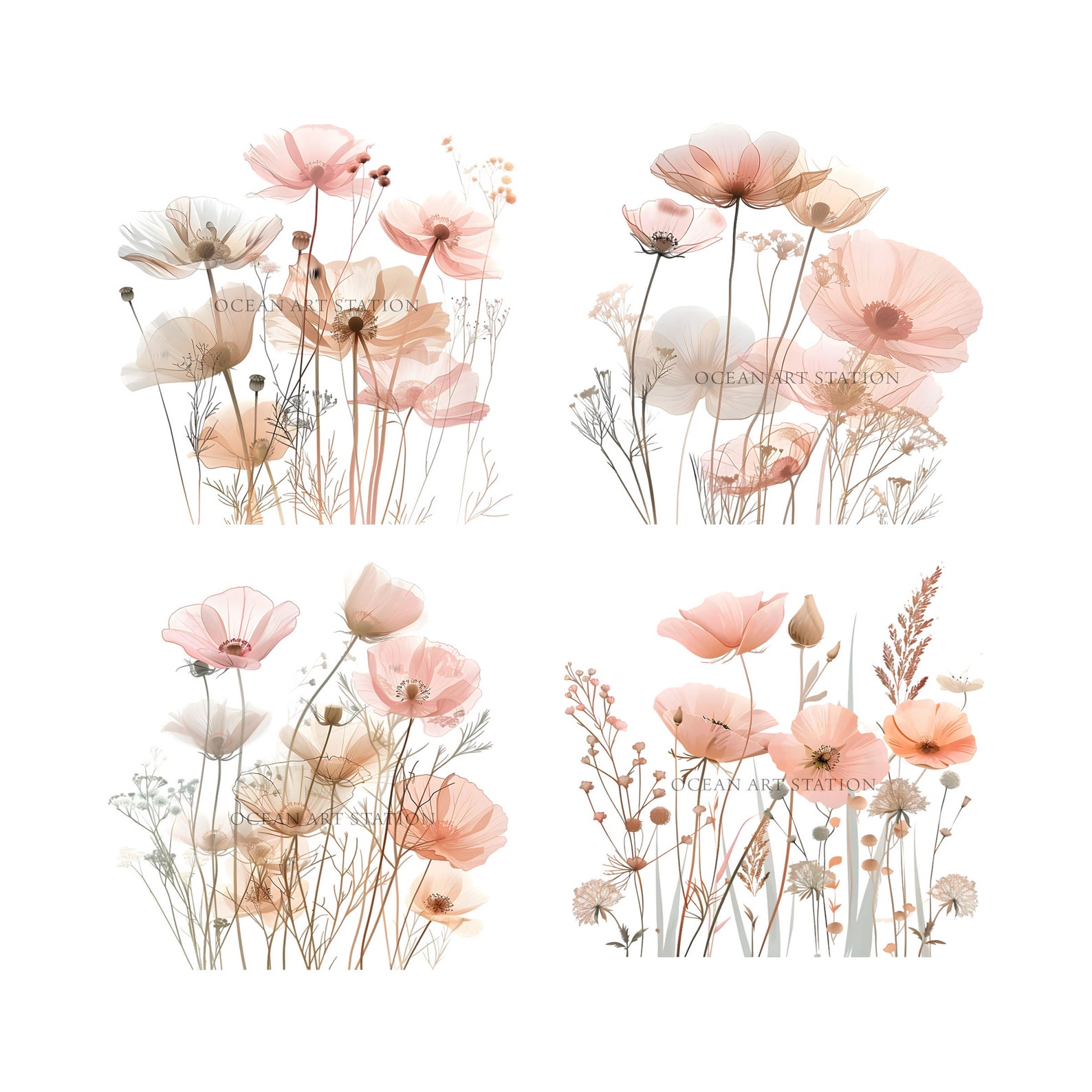 Pink Wildflower Clipart, Pink Floral Bouquets, Blush Wildflower ...