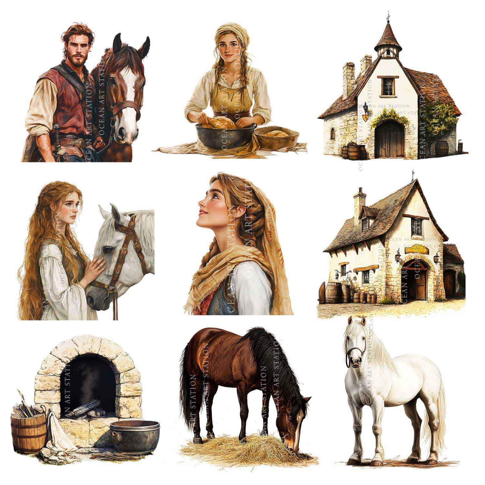 Medieval Clipart Watercolor, Medieval People, Mid Century Clipart ...
