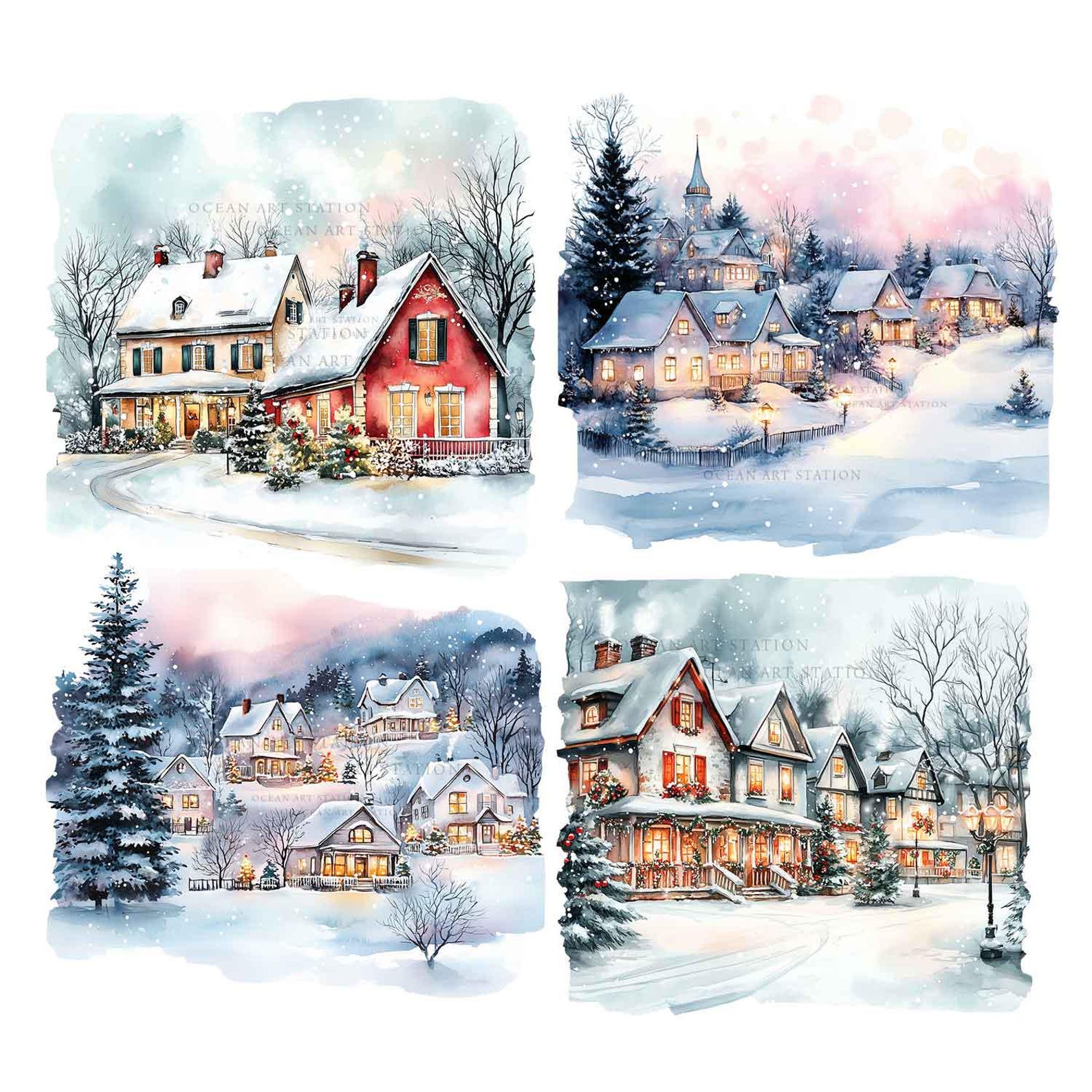Christmas Village Clipart, Christmas Houses Watercolor, Santa Village ...