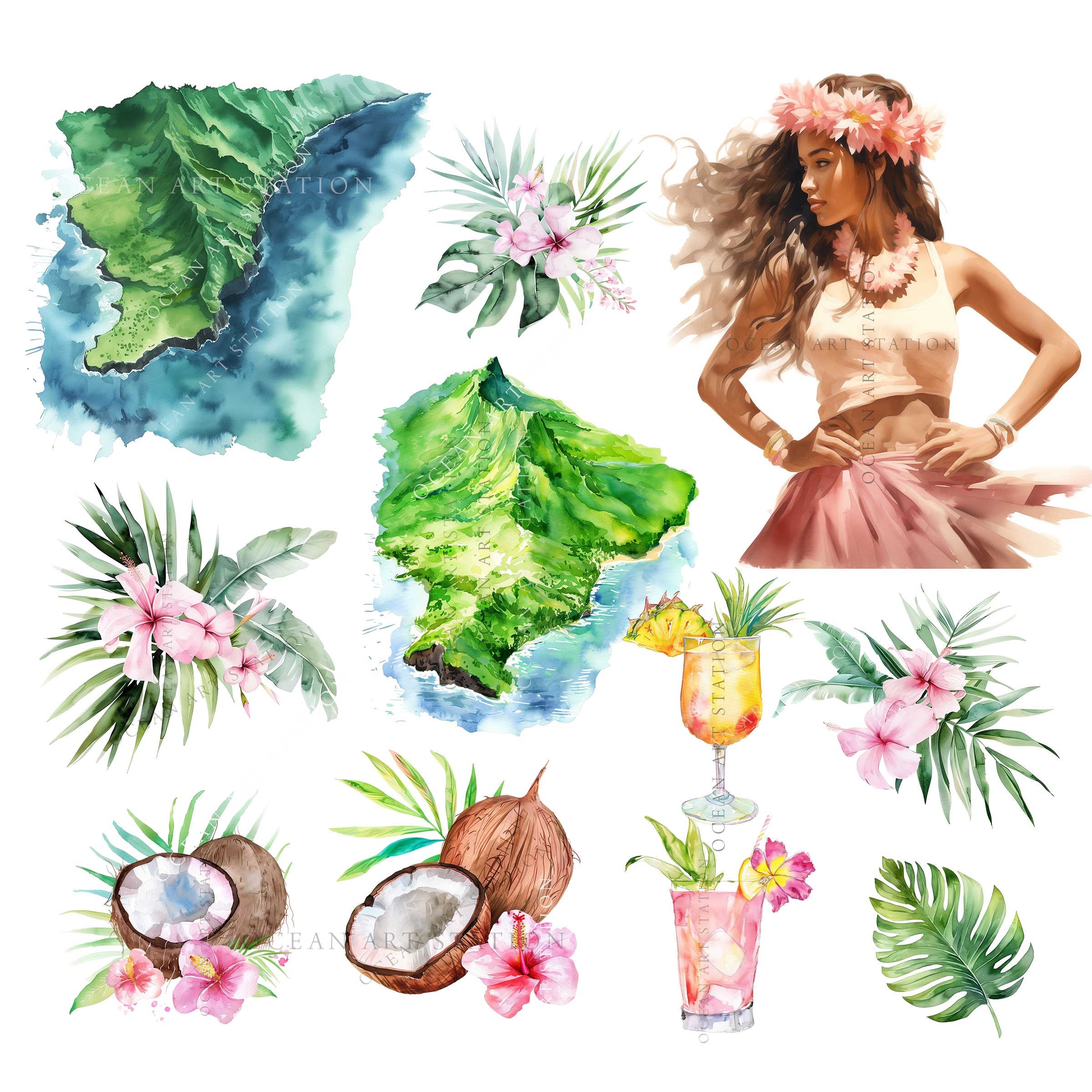 Hawaii Clipart Watercolor, Tiki Clipart, Hawaii Girl Clipart, Hawaii ...