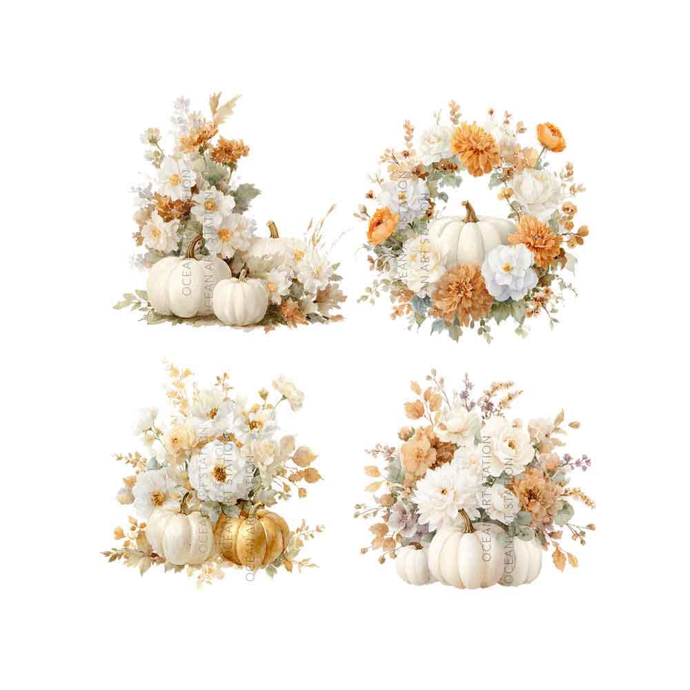 Floral Pumpkins Clipart, Pumpkin Bouquets Watercolor, Neutral Fall ...