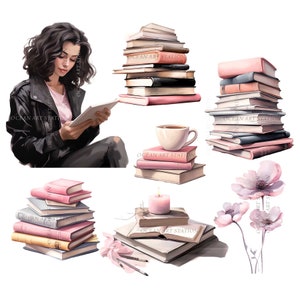 Book Lover Clipart, Bookworm, Coffee and Books, Reading Clipart, Pink ...
