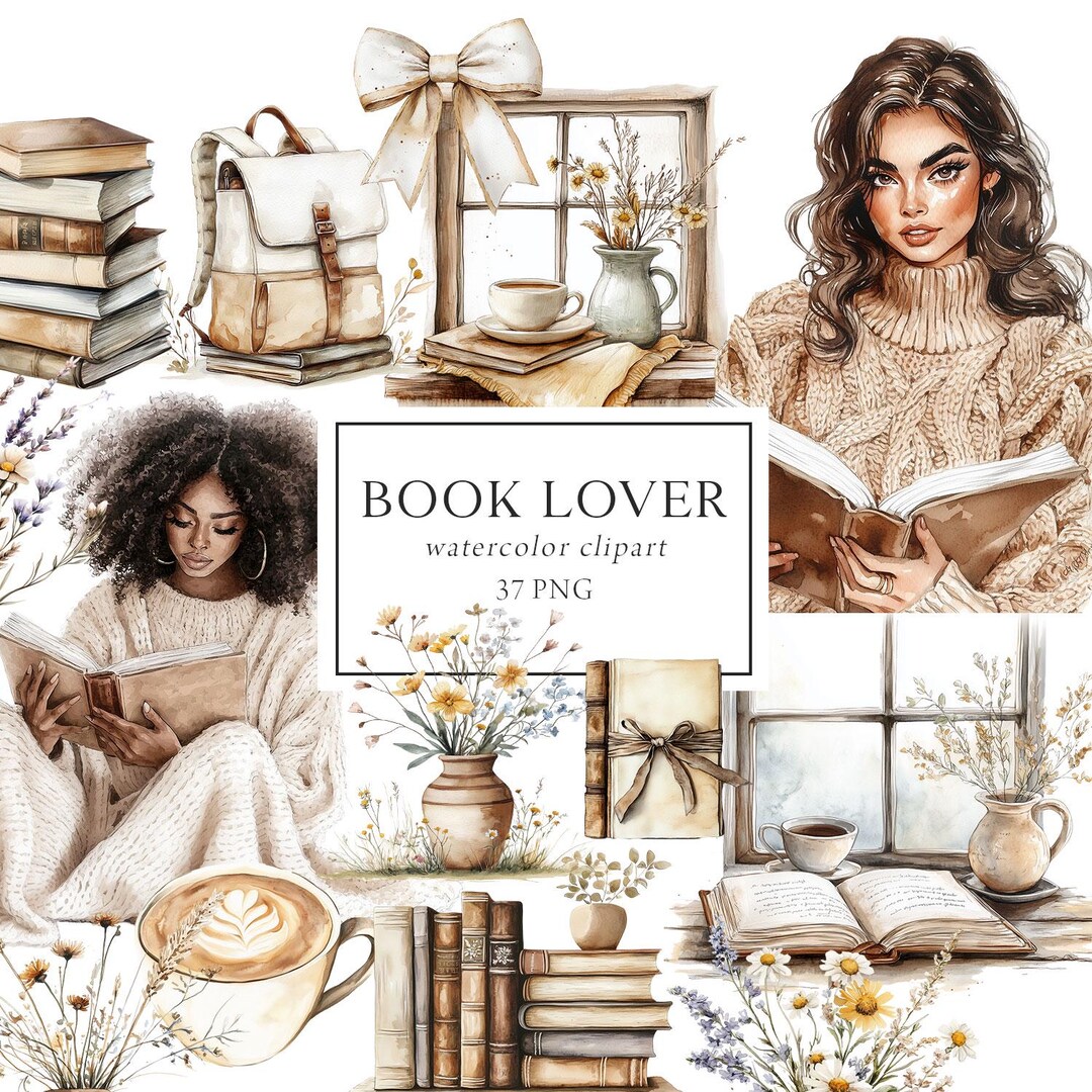 Book Lover Clipart, Neutral Boho Books Clipart, Coffee and Books ...
