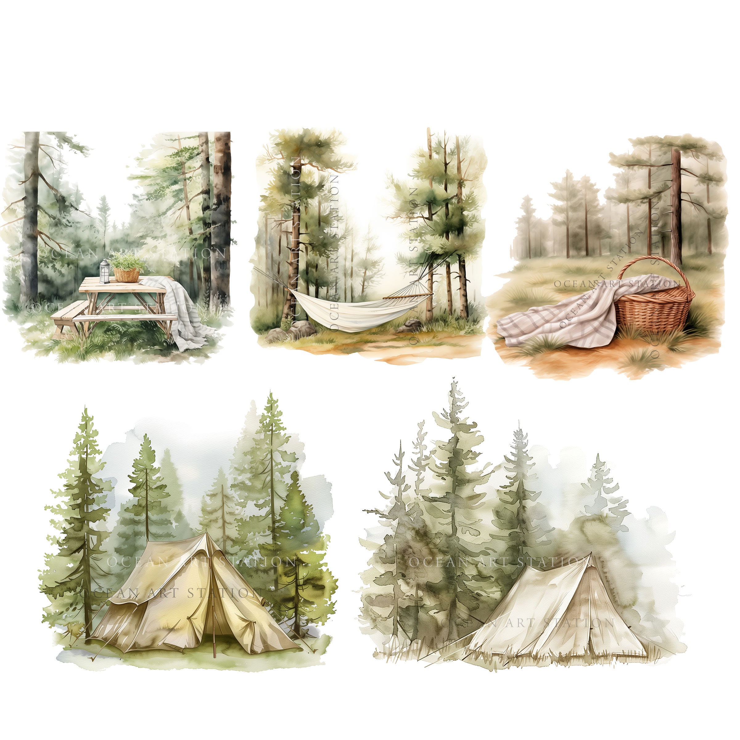 Camping Clipart, Hiking Clipart Watercolor, Mountain Adventure Clipart ...
