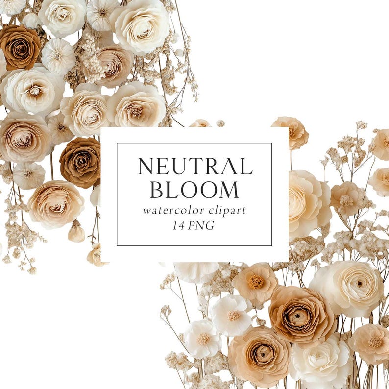 Neutral Floral Clipart, Wedding Neutral Bouquets Clipart, Beige Floral Clipart, Boho Flowers ...