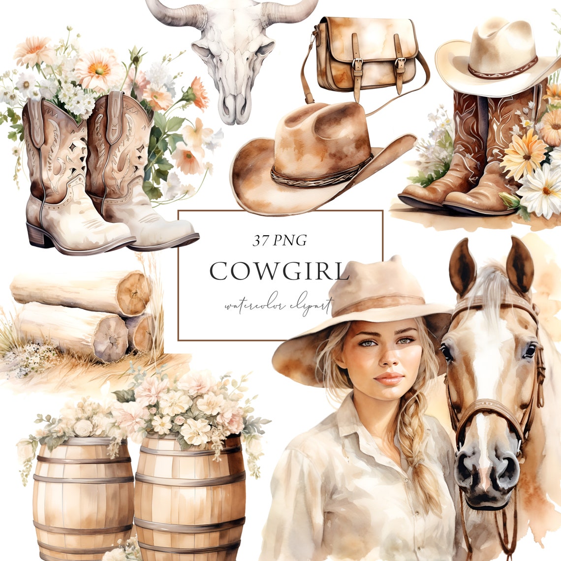 Cowgirl Clipart Watercolor, Country Girl Clipart, Western Girl Clipart ...