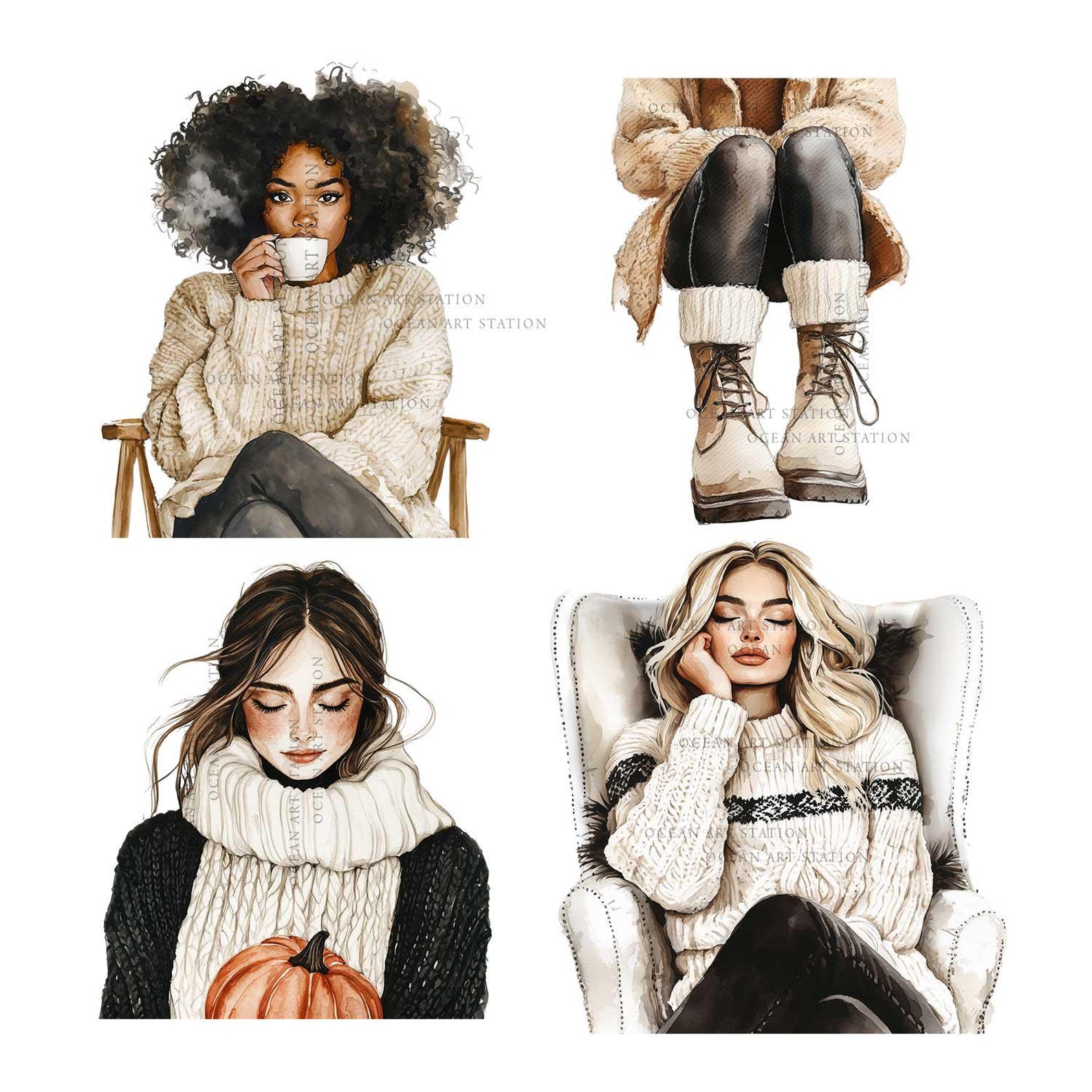 Fall Fashion Clipart, Neutral Fall Girl Clipart, Cozy Fall Watercolor ...