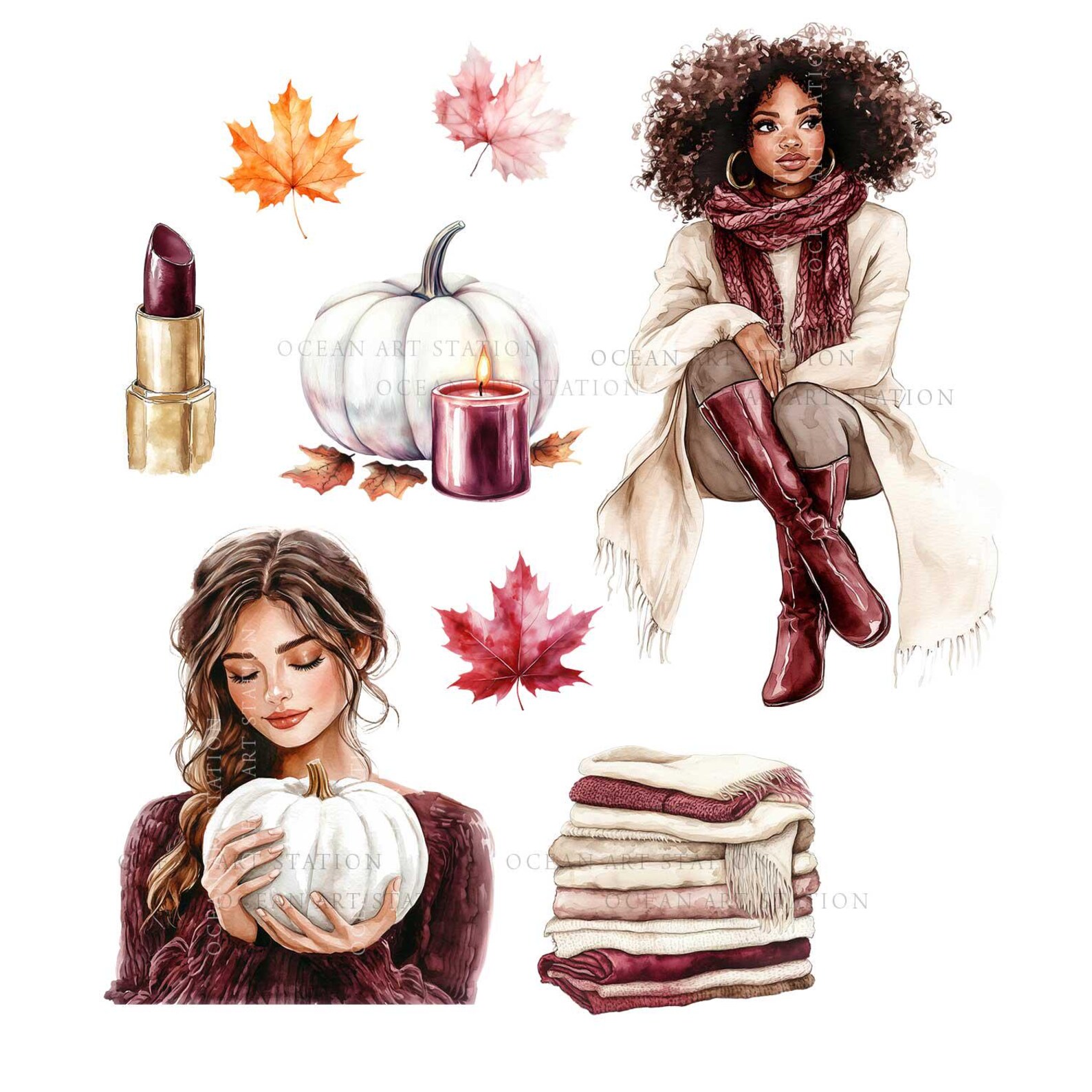 Fall Fashion Clipart, Fall Girl Clipart, Cozy Fall Watercolor, Autumn ...