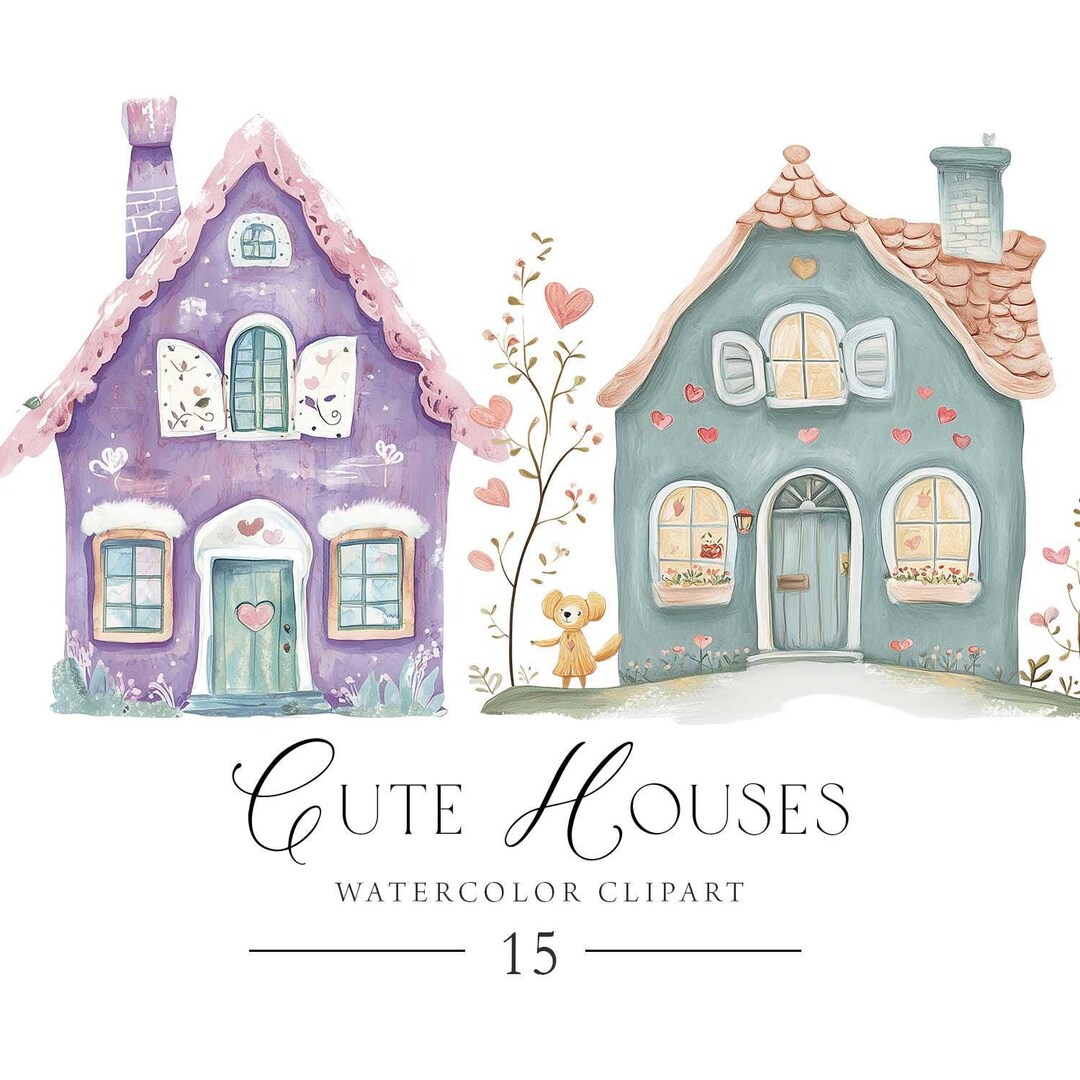 Cute Houses Clipart, Watercolor Houses Clipart, Tiny Houses, Nursery ...
