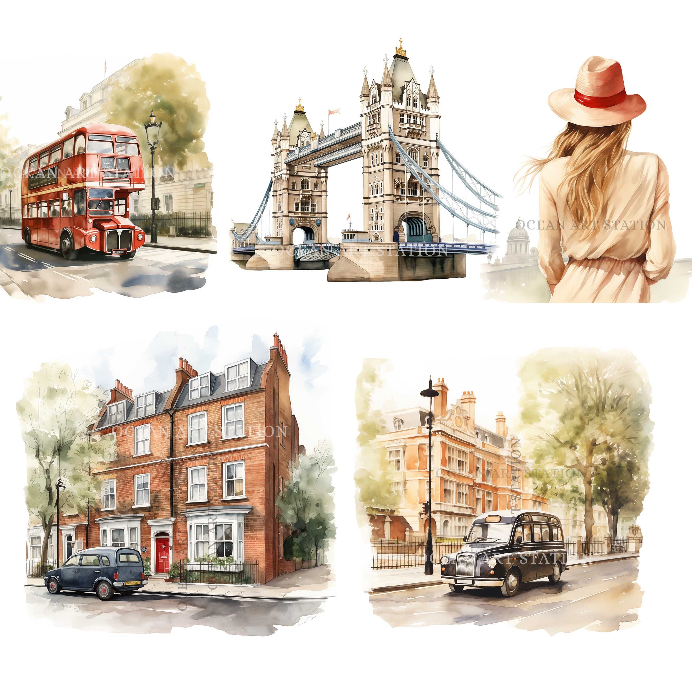 London Clipart, Big Ben Tower Bridge, London Watercolor Illustration ...