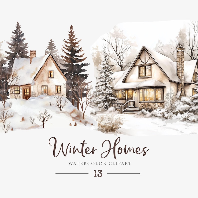 Winter Houses Clipart, Snowy Winter Homes, Cozy Home Clipart, Christmas ...