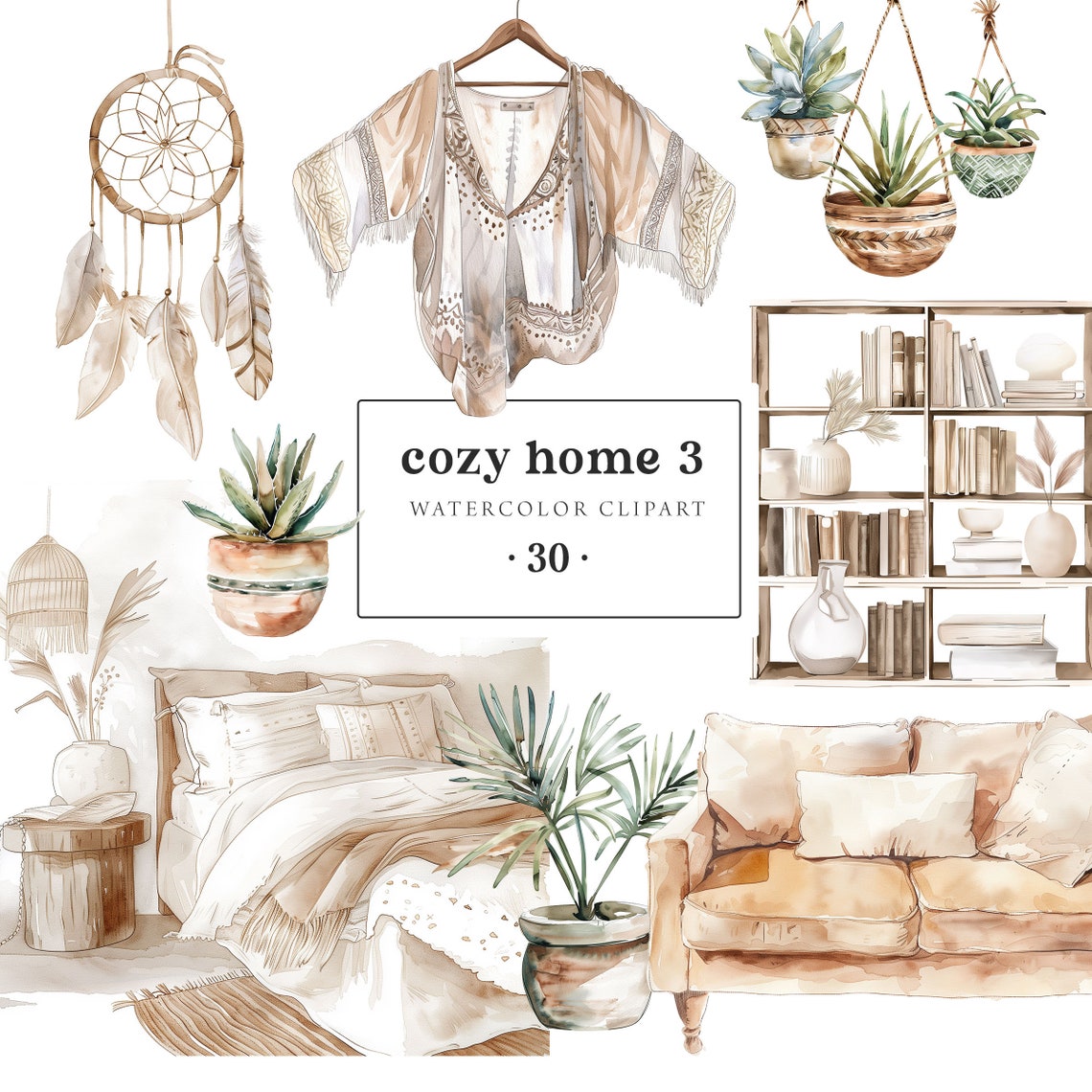 Boho Home Clipart Watercolor, Cozy Home Clipart, Bohemian Home Clipart ...