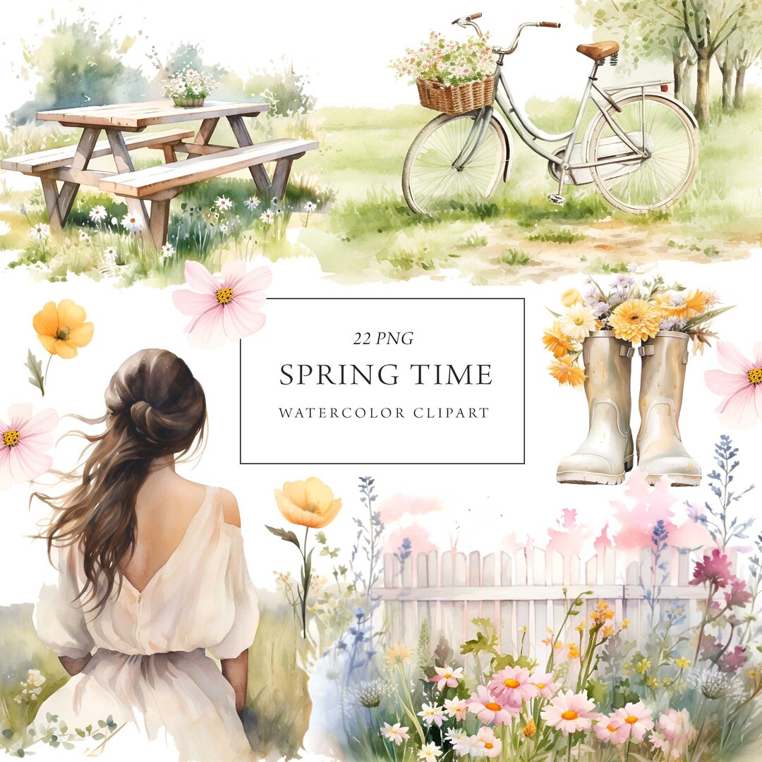 Spring Clipart Watercolor, Picnic Clipart, Spring Scenery, Wildflower ...