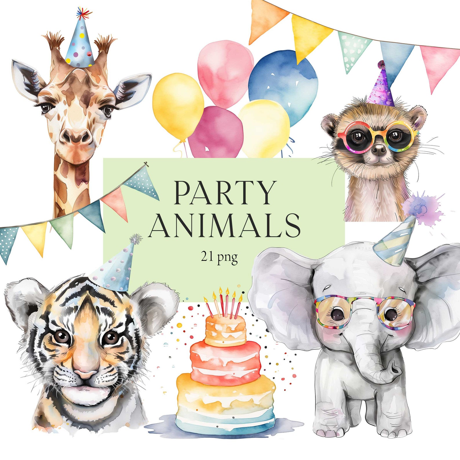 Party Animals Clipart, Safari Animals Clipart, Cute Birthday Animals ...