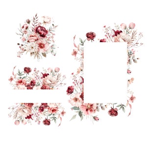 Burgundy Pink Floral Clipart, Boho Flowers Clipart, Burgundy Blush ...