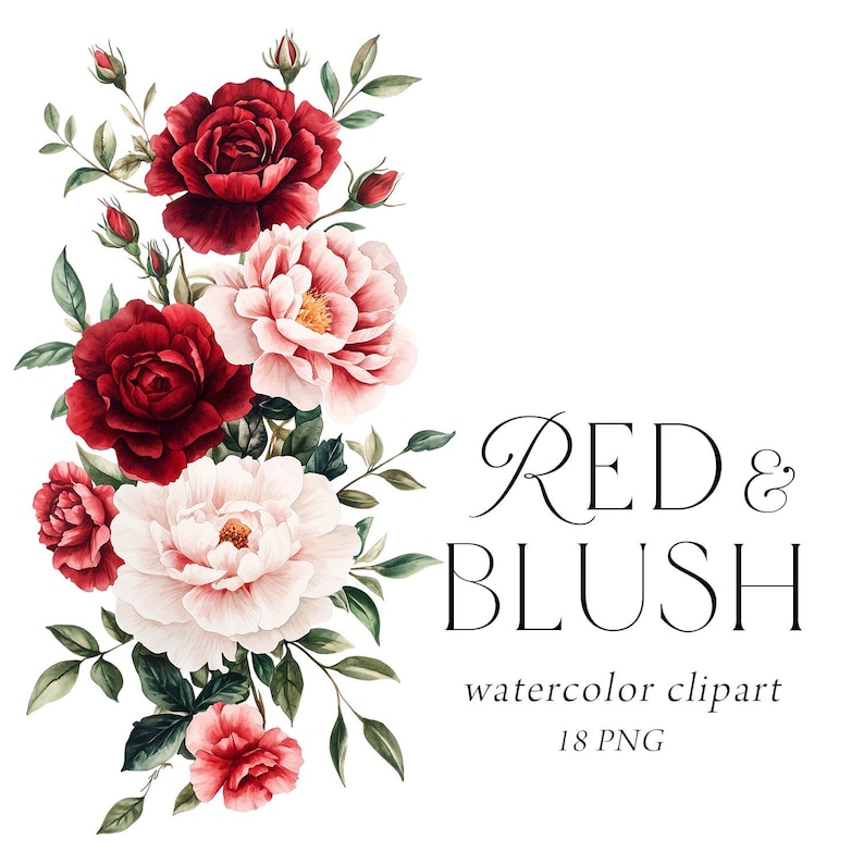 Red Floral Clipart, Red and Pink Bouquets, Boho Red Wedding Clipart ...