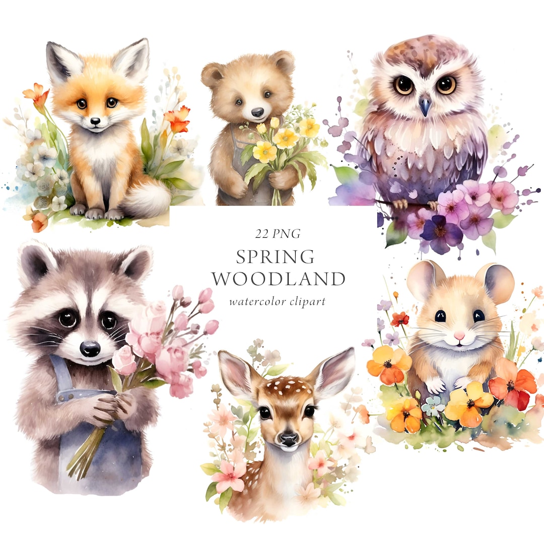 Spring Animals Clipart Watercolor, Spring Woodland Animals Clipart ...