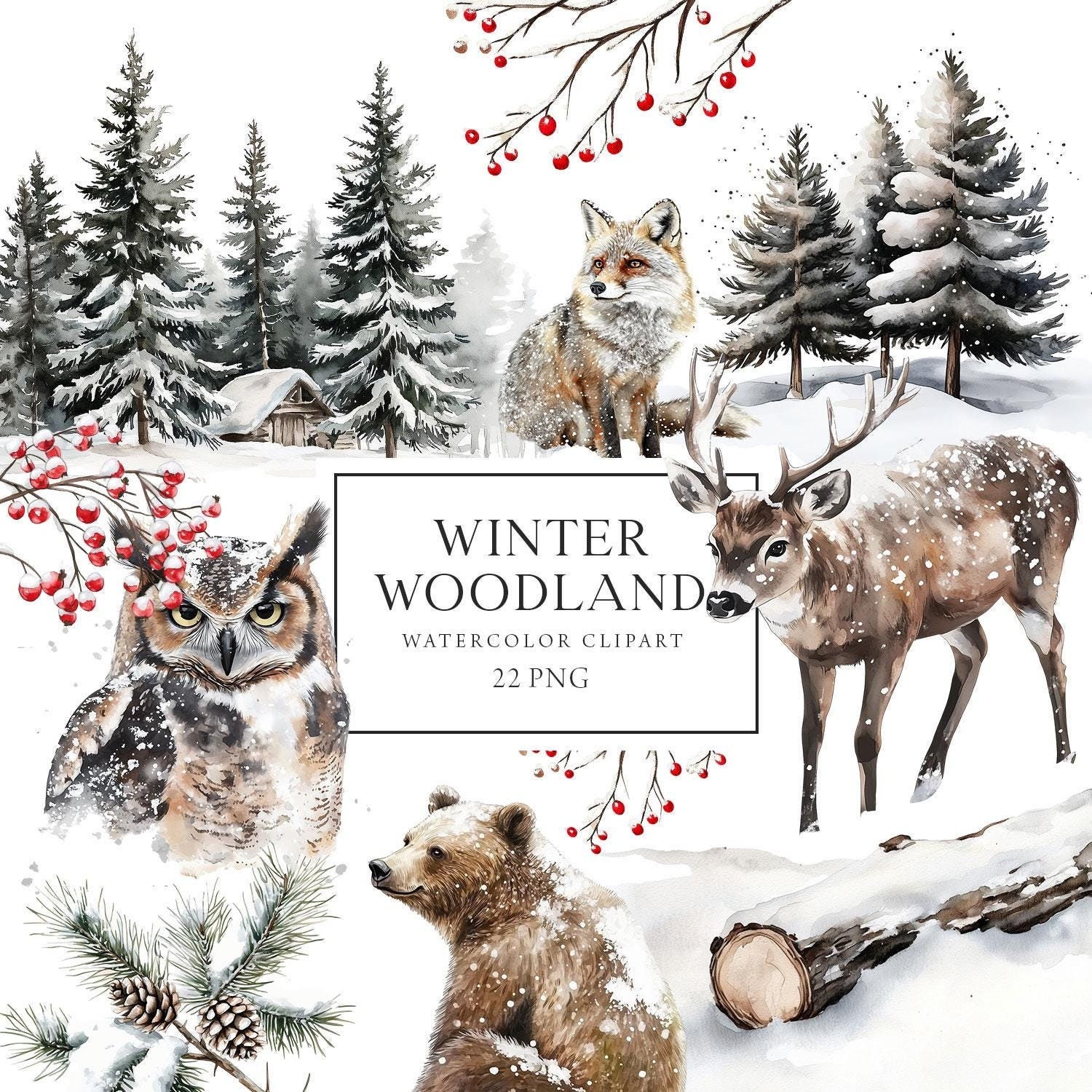Winter Woodland Clipart, Winter Animals Clipart, Woodland Animals ...