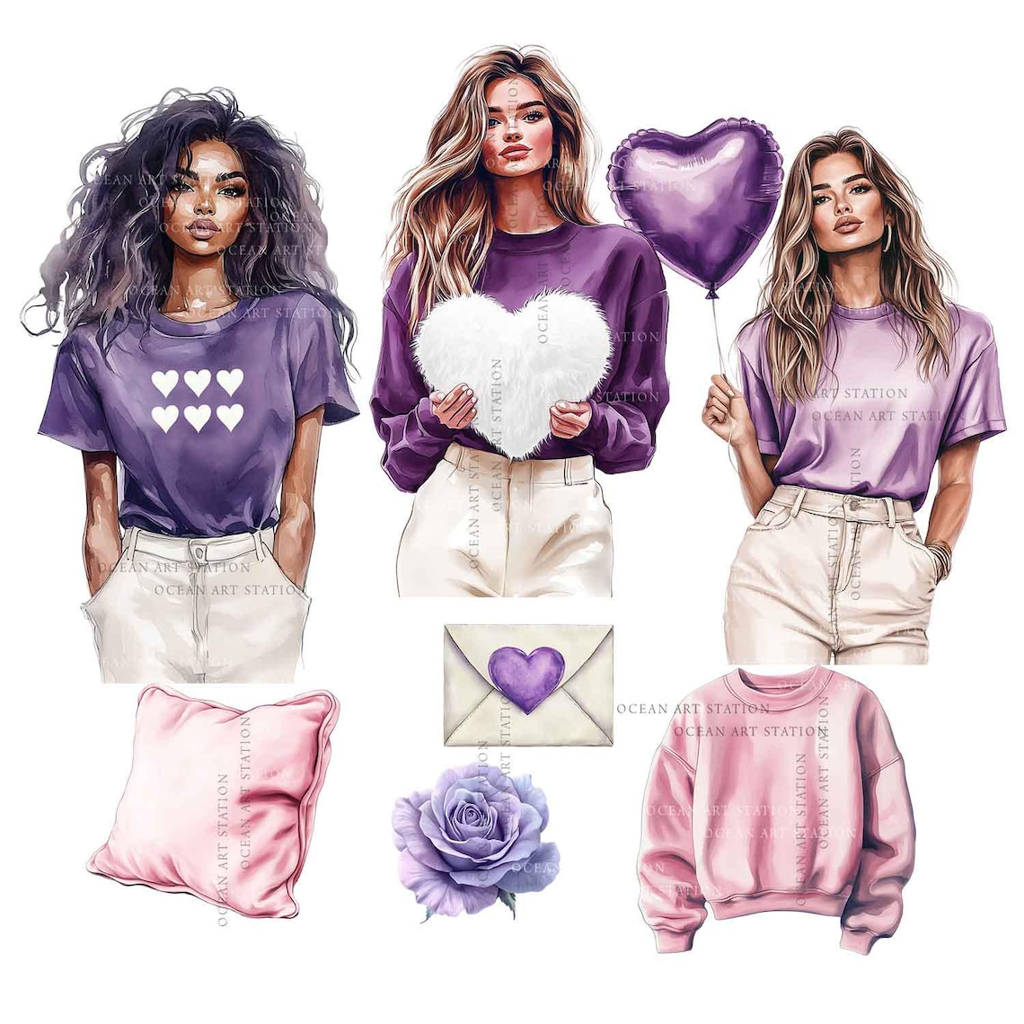 Valentines Clipart, Purple Valentines Day Clipart Watercolor ...