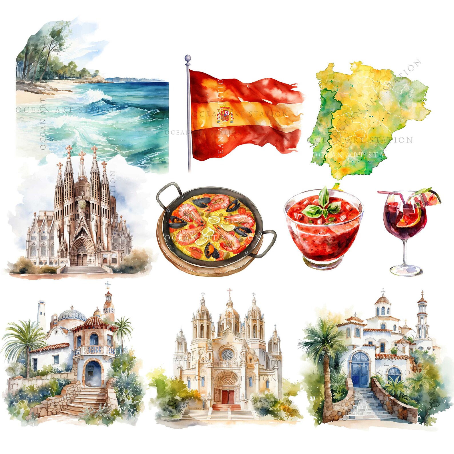Spain Clipart, Spanish Clipart Set, Spain Watercolor Illustration ...